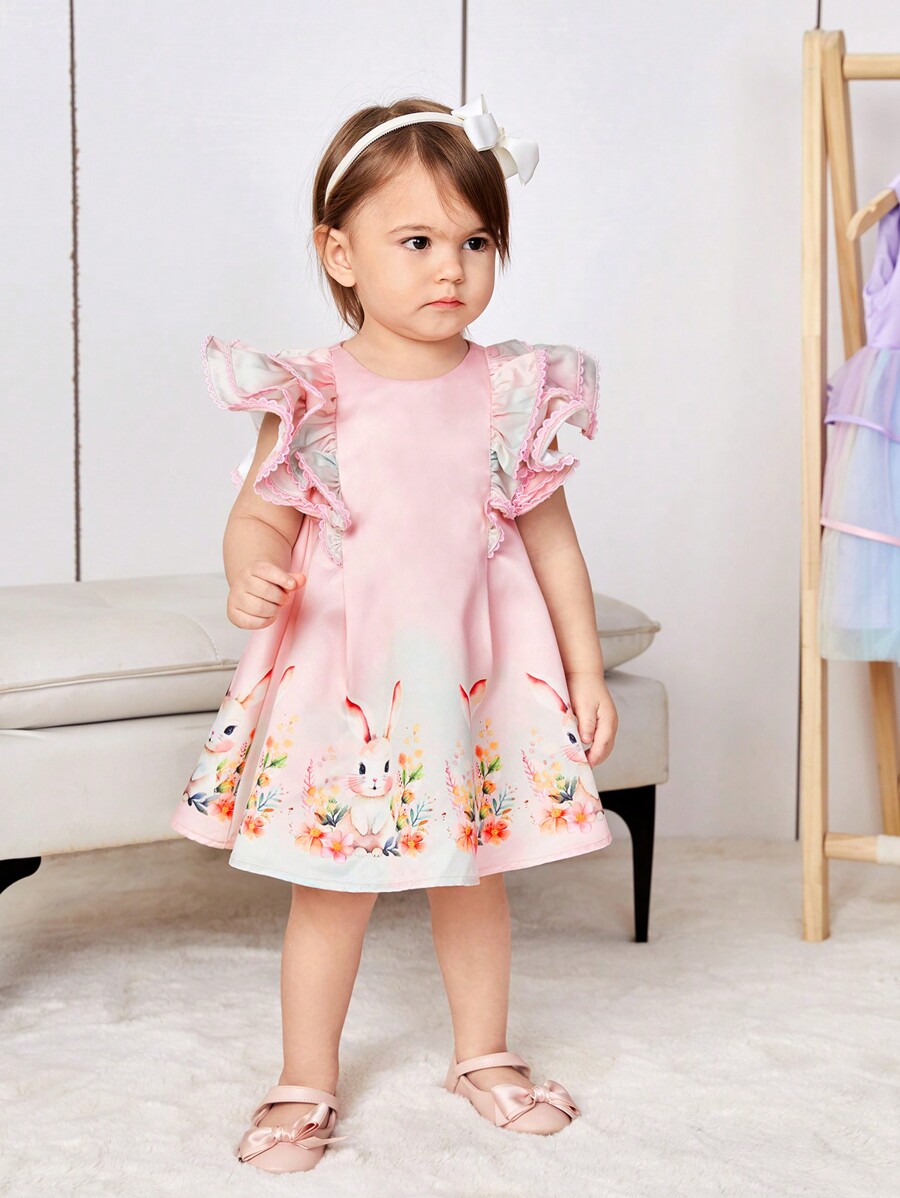 SHEIN Baby Girl Gorgeous Satin Cartoon Rabbit Pattern Dress With ...