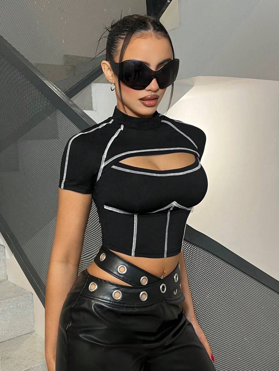 SHEIN ICON Slim Fit Contrast Color Patchwork Stitching, Stand Collar ...