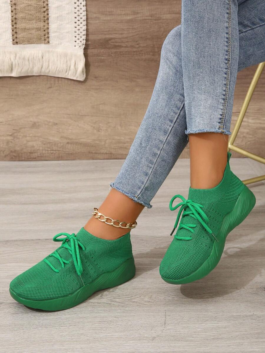 Lace-Up Women's Athletic Shoes, Comfortable Running Shoes, Green Sports ...