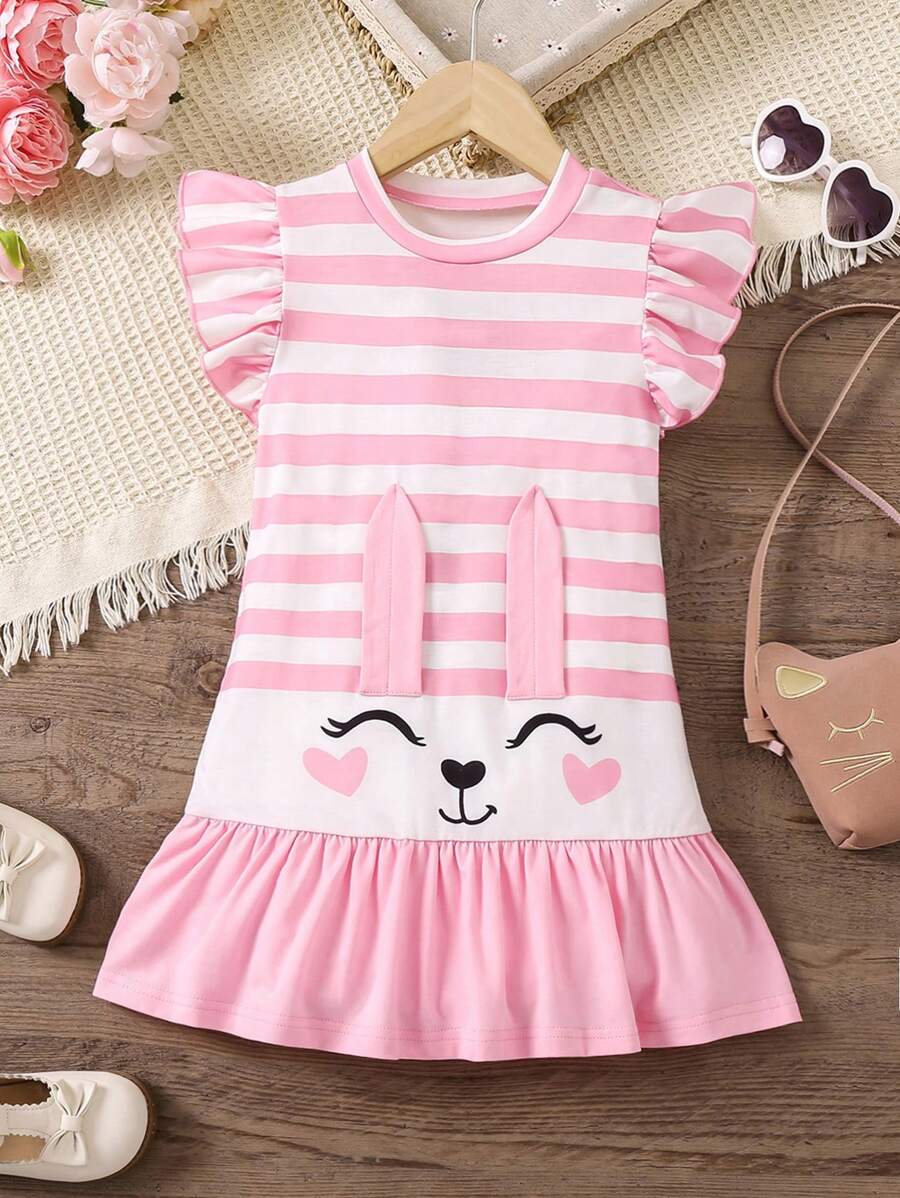 SHEIN Young Girl Easter Cute Rabbit Ear Detail Striped Dress With ...