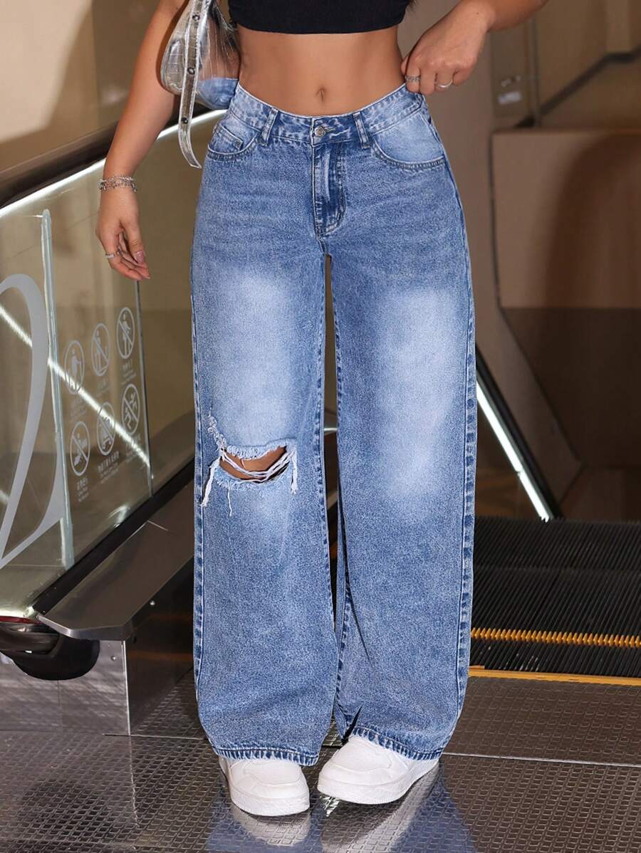 SHEIN ICON B Distressed & Water Washed Straight Jeans | SHEIN USA