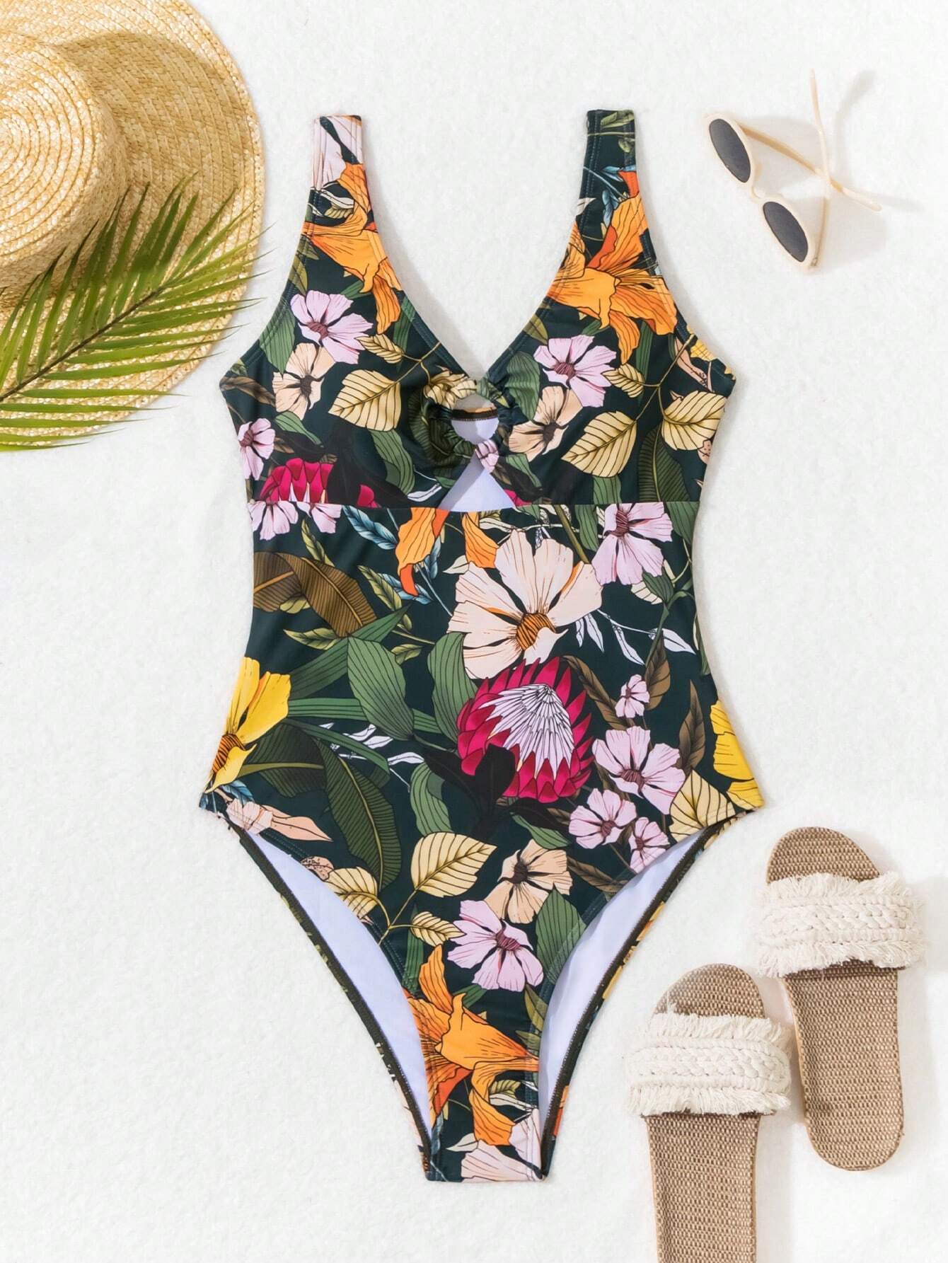 Floral Printed One-Piece Swimsuit With Ring Cutouts And Slim Fit For ...