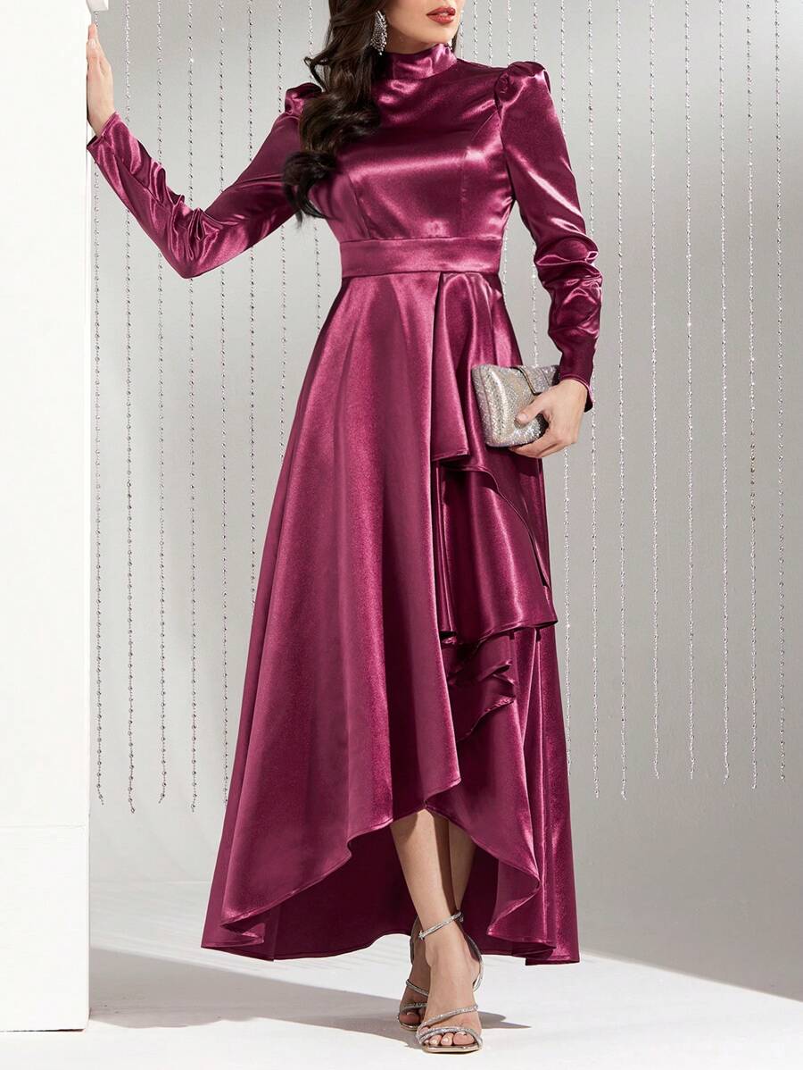 Modelyn Women's Solid Color Stand Collar Asymmetrical Hem Satin Dress, Evening Gown | SHEIN USA