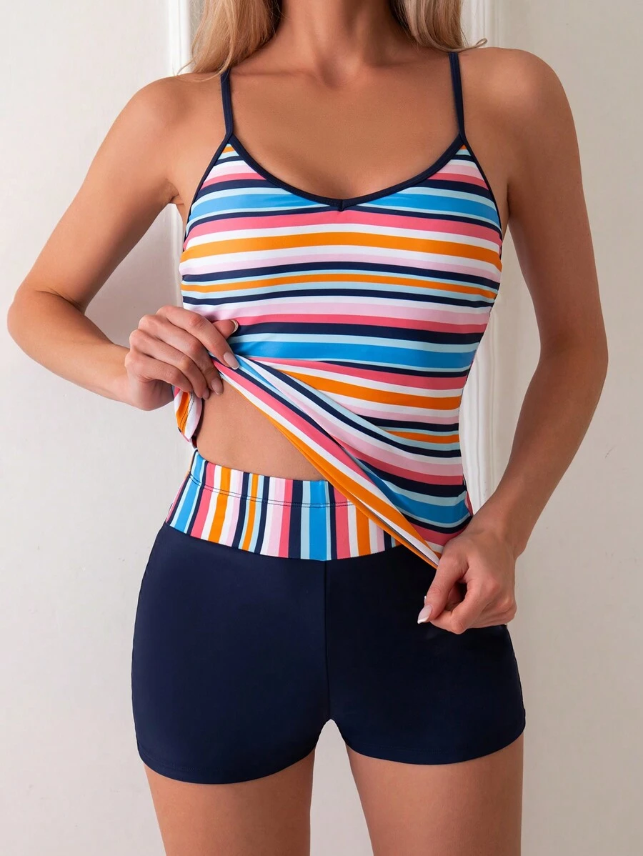Swim Lushoire Women Striped Round Neck Cami Top And Shorts Tankini ...