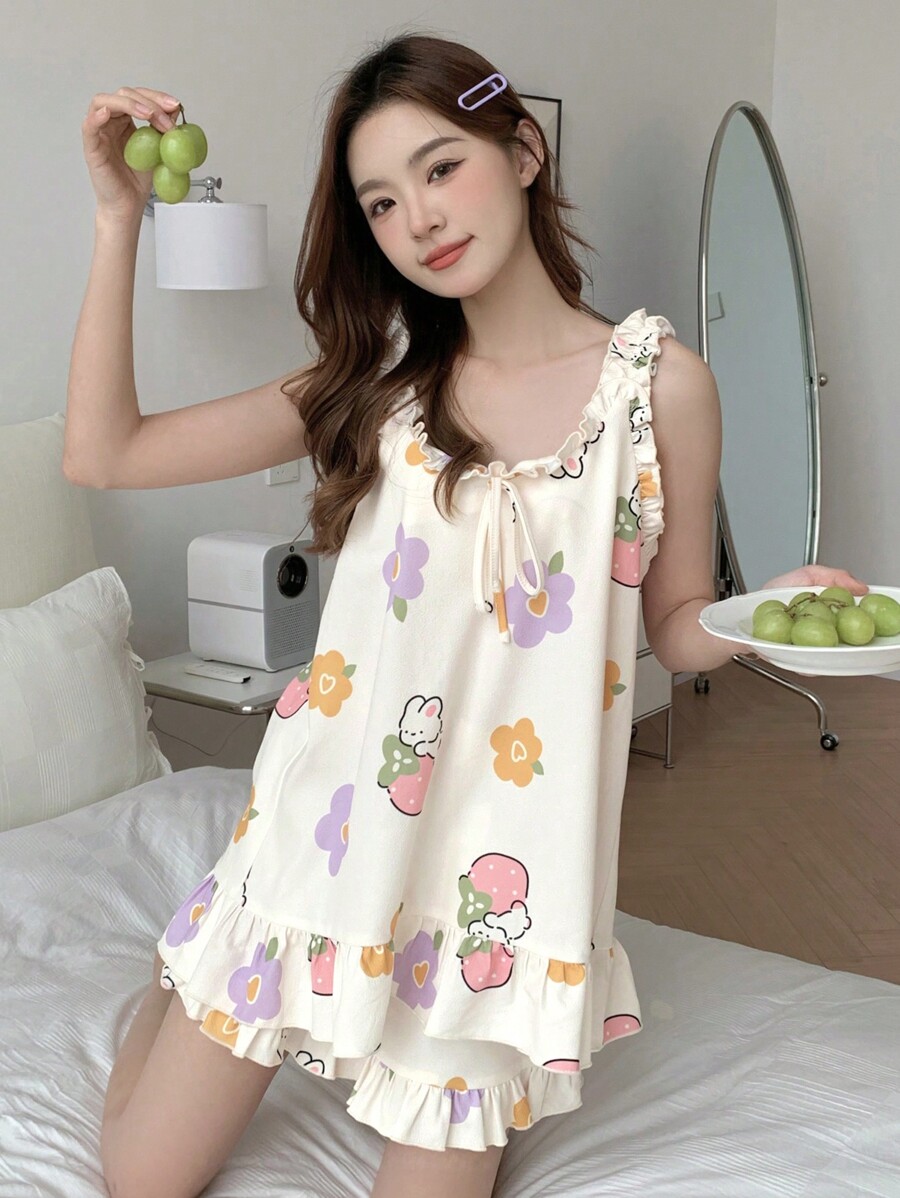 DAZY Cute Cartoon Rabbit And Flower Pattern Pajama Set With Ruffle Trim Decoration | SHEIN EUR