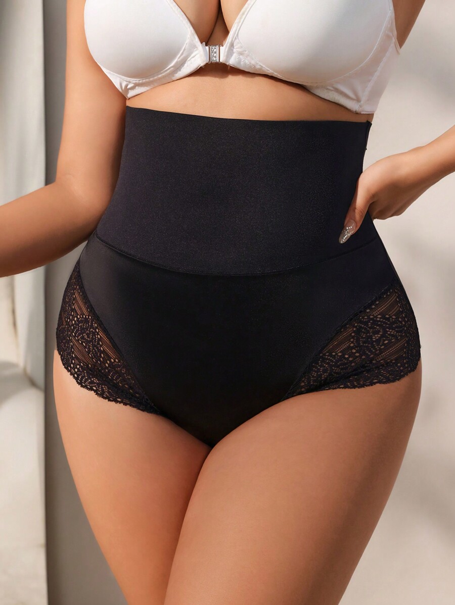 Women's Plus Size Tummy Control High Waist Lace Trimmed Shaping Tights (1pc) | SHEIN USA