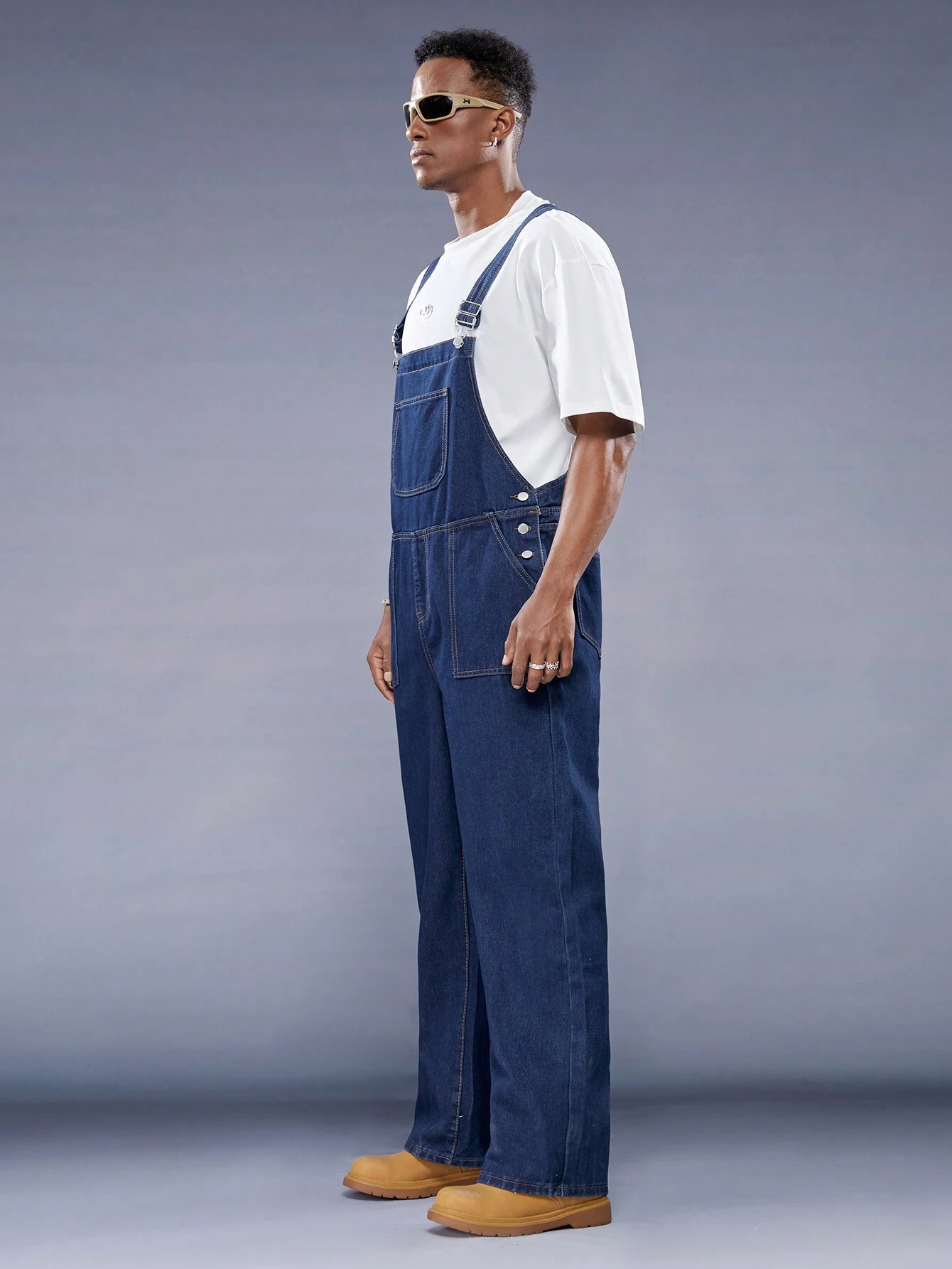 Manfinity EMRG Men's Loose Fit Denim Dark Blue Overalls With Pockets ...