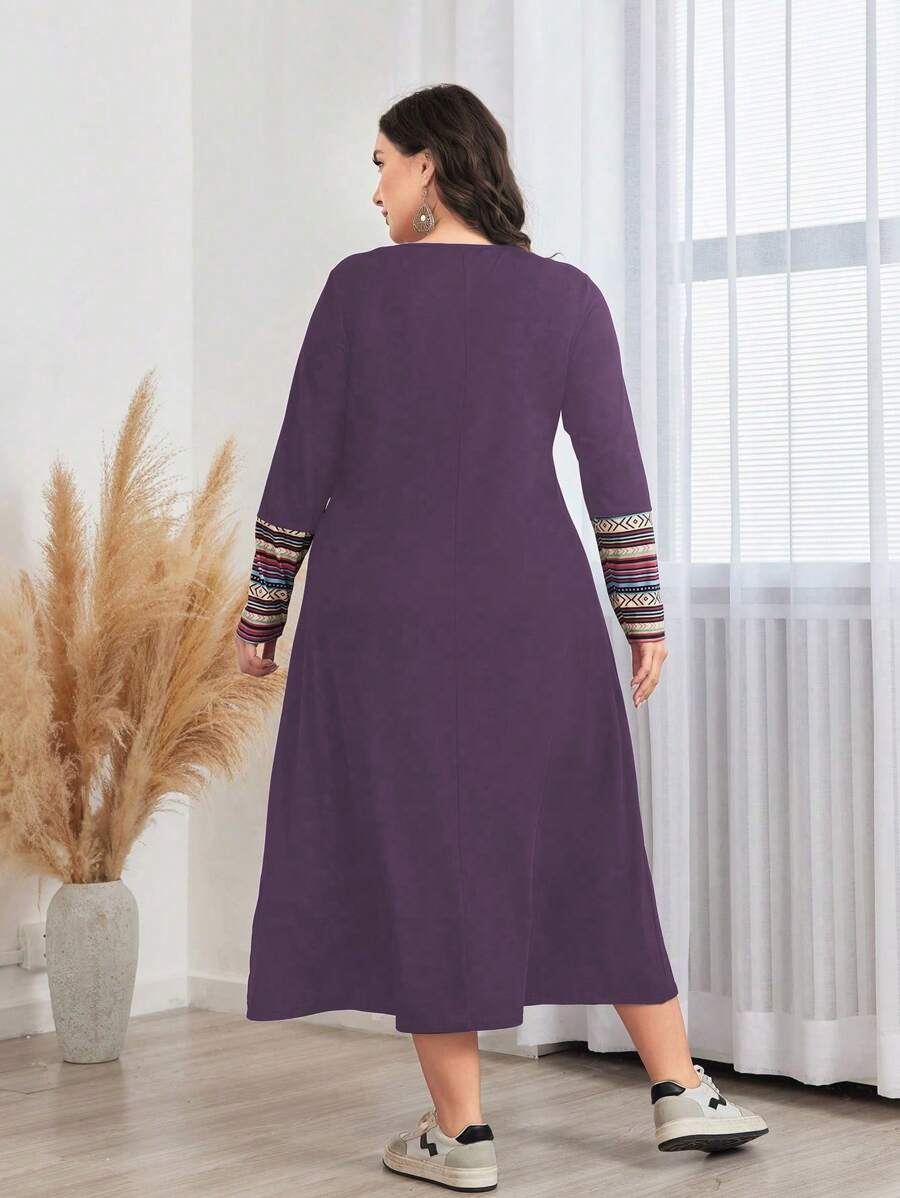 SHEIN Mulvari Plus Size Geometric Printed V-Neck Casual Dress With ...