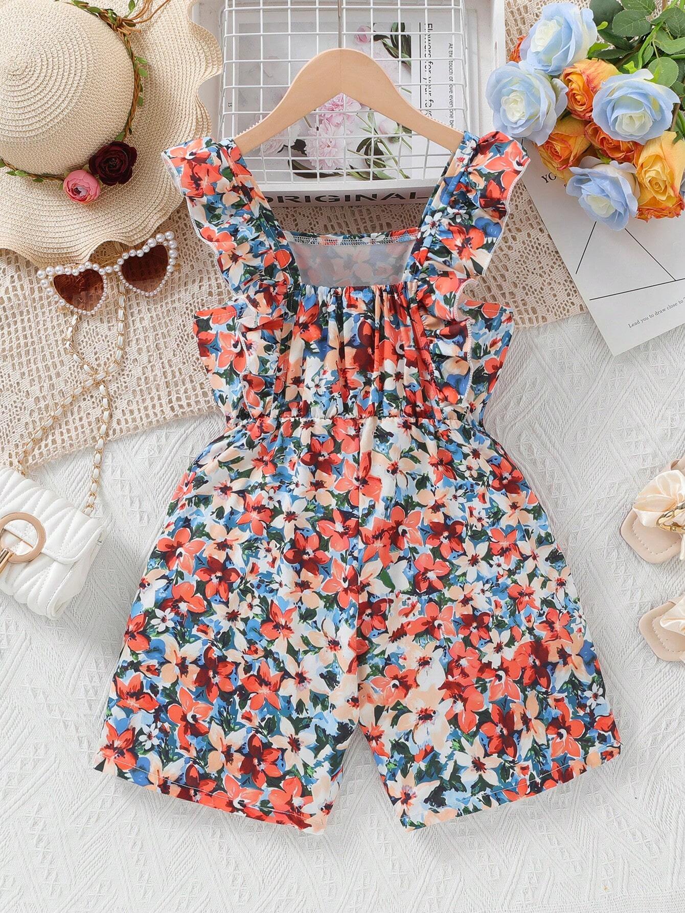 SHEIN Floral Print Square Neck Romper With Ruffle Hem For Tween Girls ...