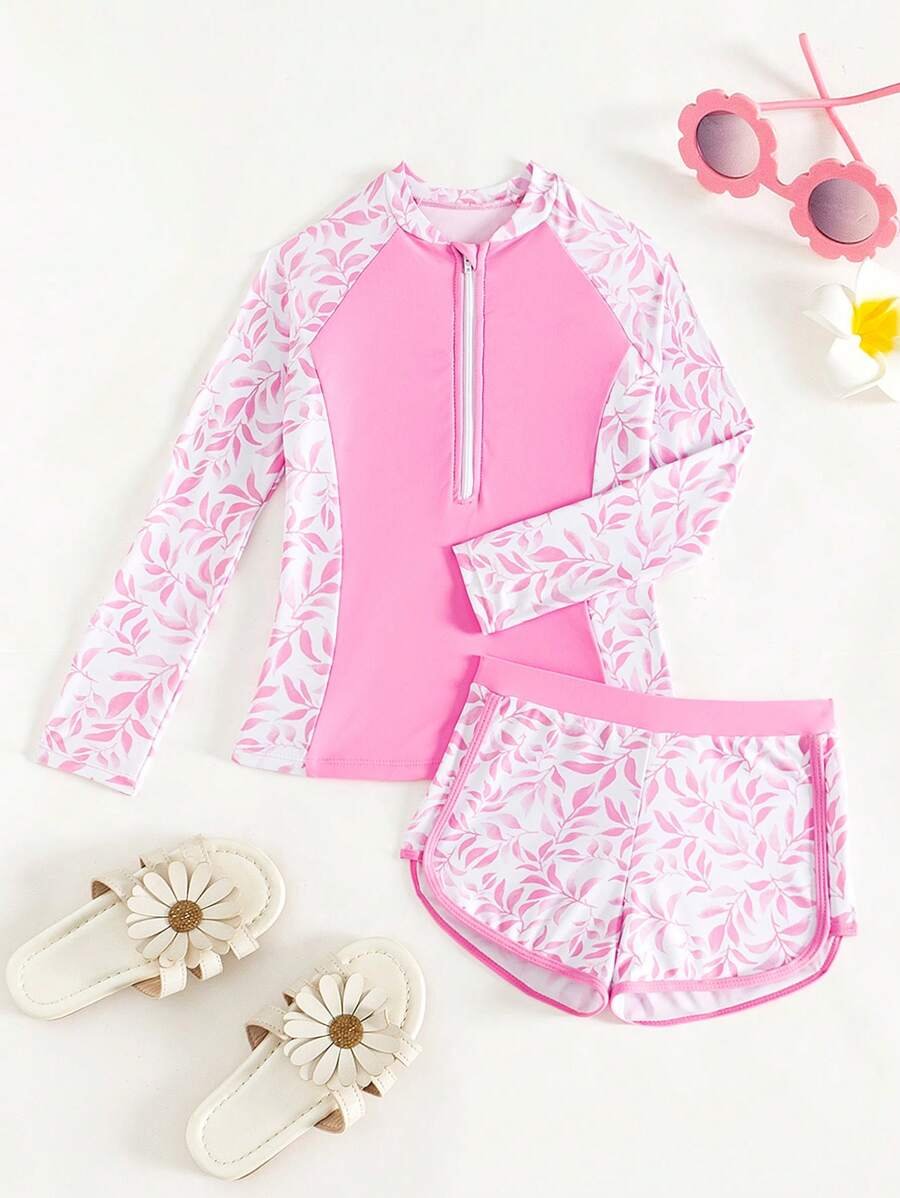 Tween Girls' Plant Print Splice Swimwear Set, Long Sleeve Bathing Suit ...