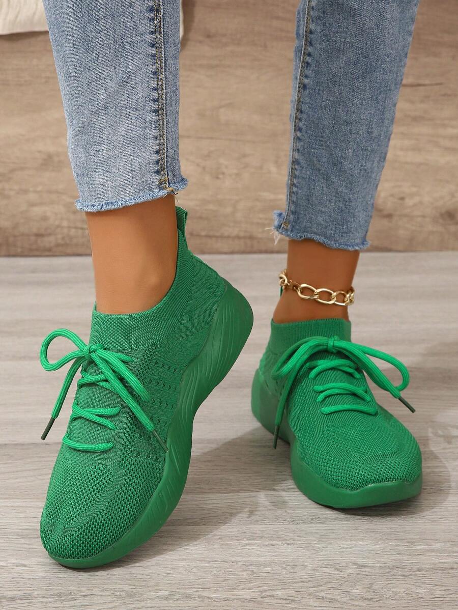 Lace-Up Women's Athletic Shoes, Comfortable Running Shoes, Green Sports ...