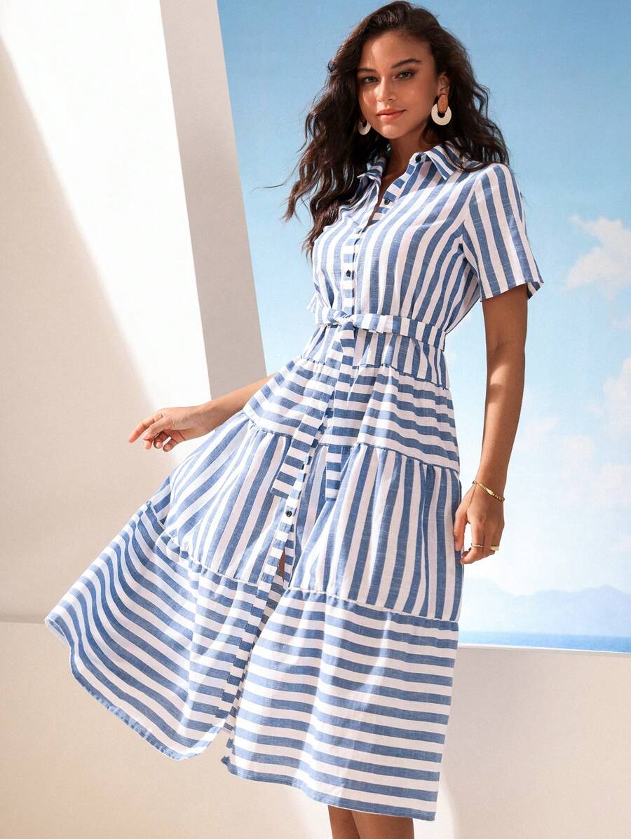 BELROSIE Women's Striped Short Sleeve Shirt Dress(Random Color) | SHEIN EUR