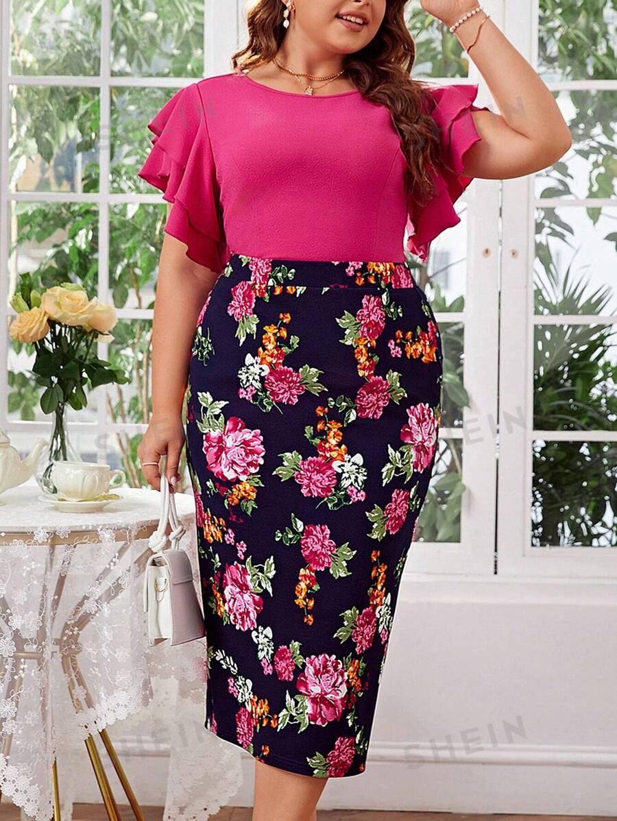 SHEIN Clasi Plus Size Solid Color Ruffle Hem Top & Flower Print Skirt Set | SHEIN USA