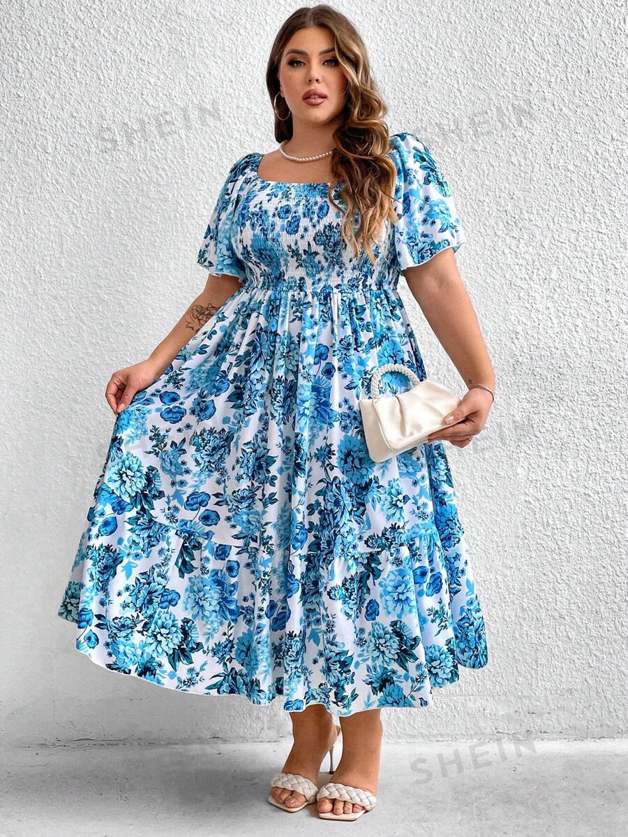 SHEIN CURVE+ Plus Size Women's Floral Printed Square Neck Short Sleeve ...