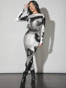 SHEIN BAE Vintage Portrait Print Mesh Long Sleeve Slim-Fit Bodycon ...