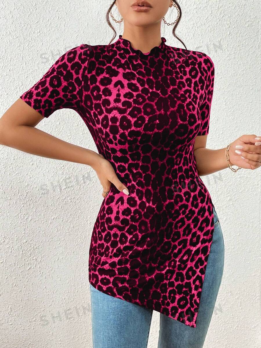 SHEIN Essnce Leopard Top Casual & Commute Leopard Print Knitted High ...