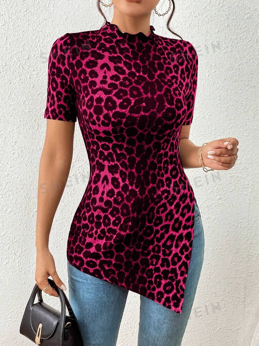 SHEIN Essnce Leopard Top Casual & Commute Leopard Print Knitted High ...