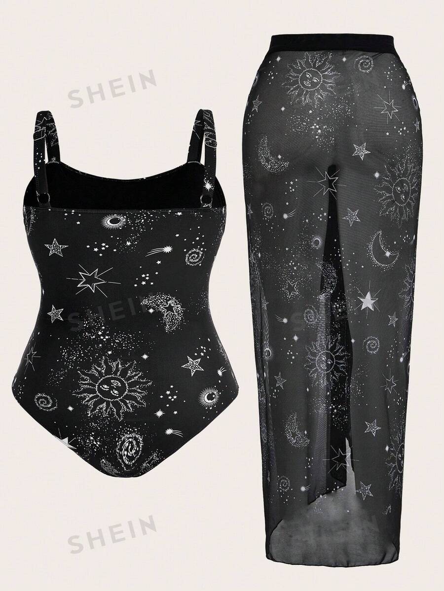 SHEIN Swim Oasis Plus Size Summer Beach Star & Moon Pattern One Piece ...