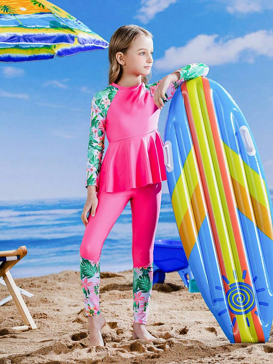 Tween Girls' Two Piece Swimsuit Set With Big Plant Print And Long ...