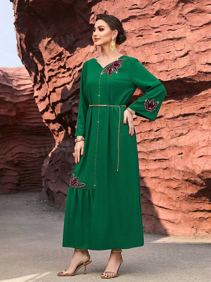 SHEIN Najma Purple Velvet Handmade Flower Green Robe | SHEIN UK