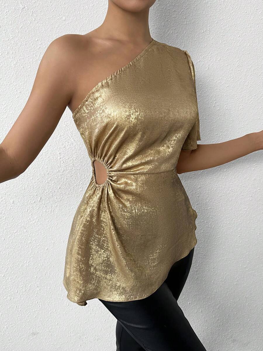 SHEIN Privé Women's Metal Texture Hollow Out One Shoulder Short Puff ...