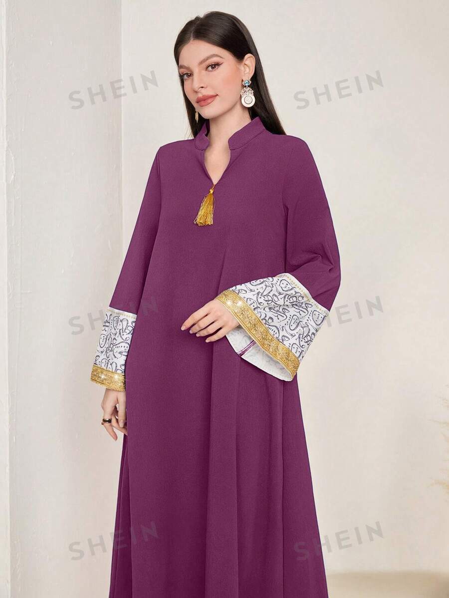 SHEIN Najma Vestido árabe de manga larga con bajo con flecos, de moda ...