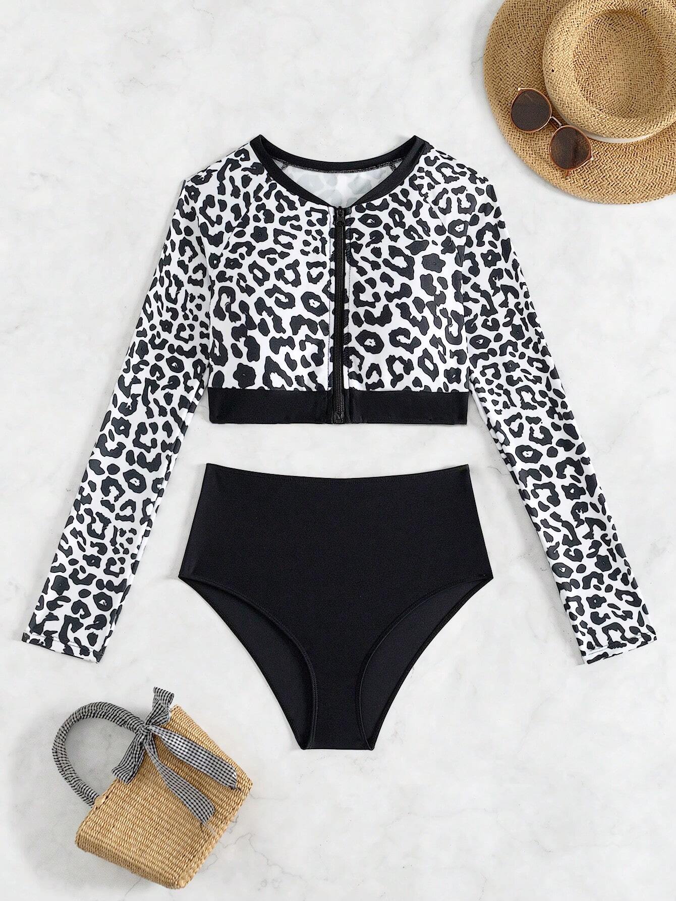 Women's Leopard Print Zipper Front Long Sleeve Crop Top And Plain Swim ...