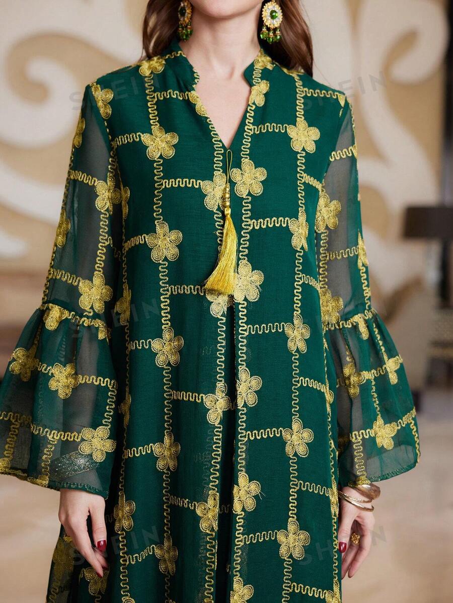 Shein Najma Floral Embroidered Flared Sleeve Notch Neckline Evening