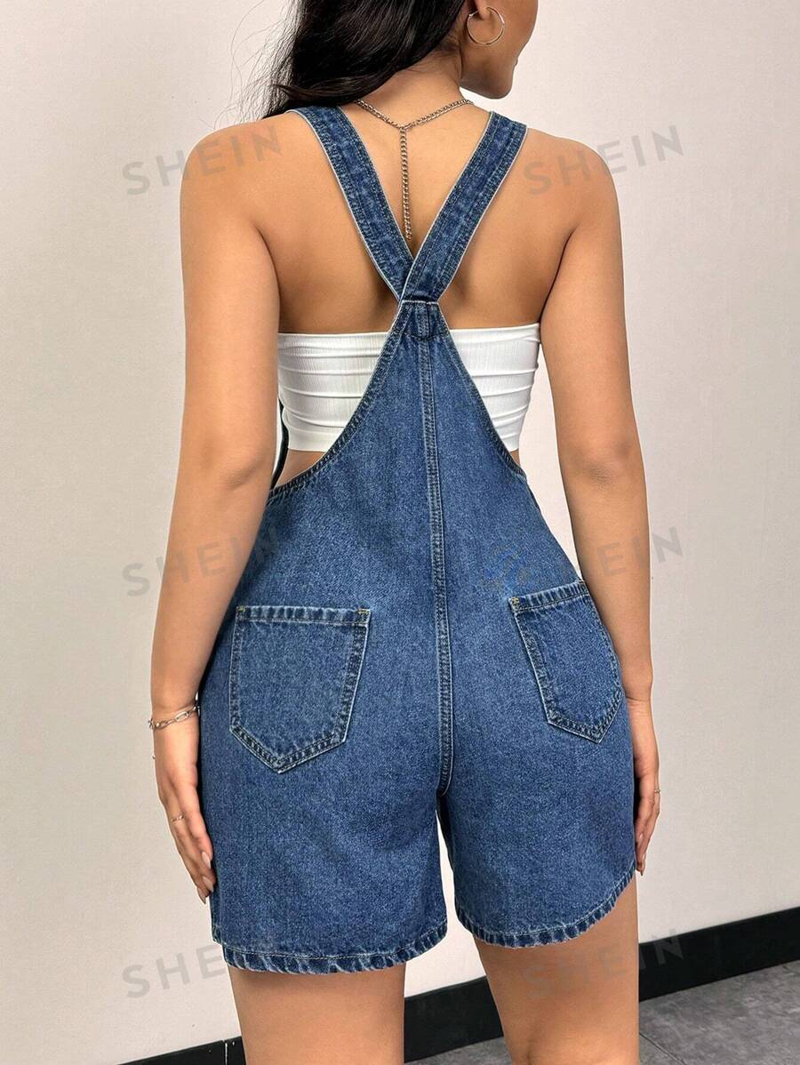 SHEIN Privé Women's Side Button Denim Overalls Shorts | SHEIN USA