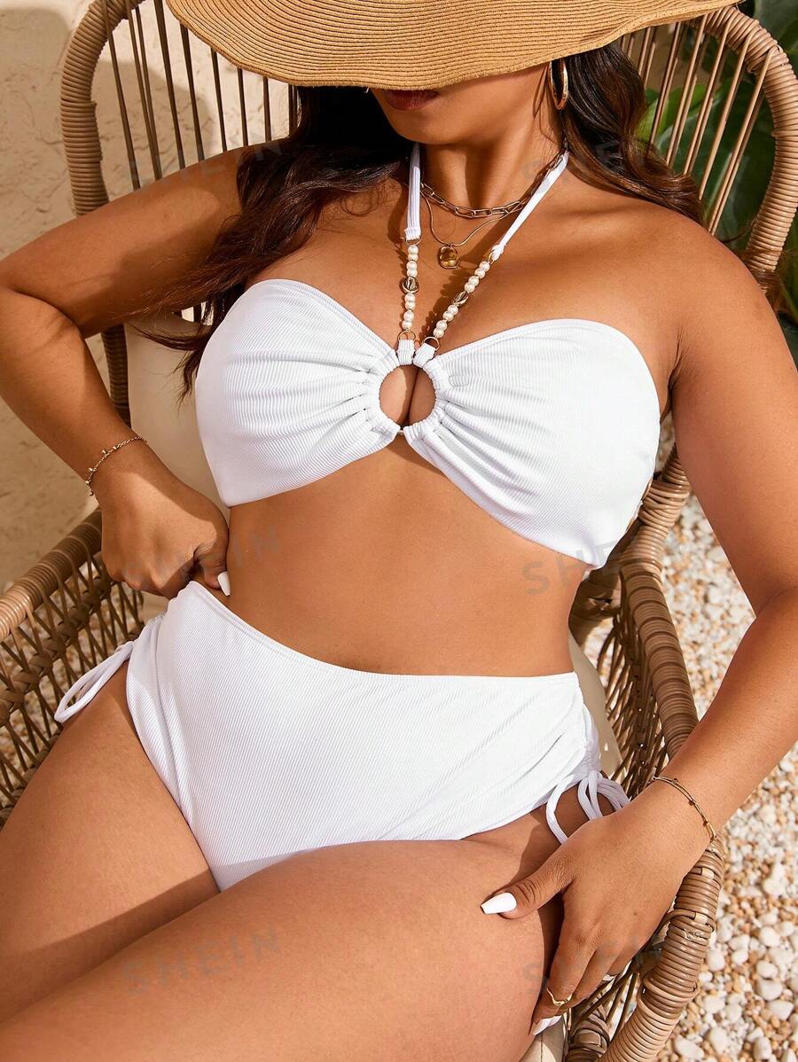 SHEIN Swim Curve Plus Size Solid Color Halter Neck Ruched Bikini Set With Matching Shorts, High ...