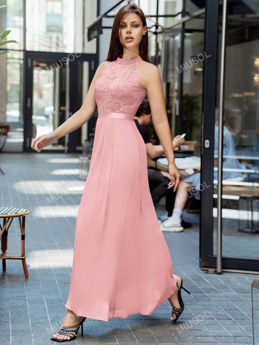 Miusol Halter Neck Lace Pleated Hem Chiffon Formal Party Dress Shein Usa