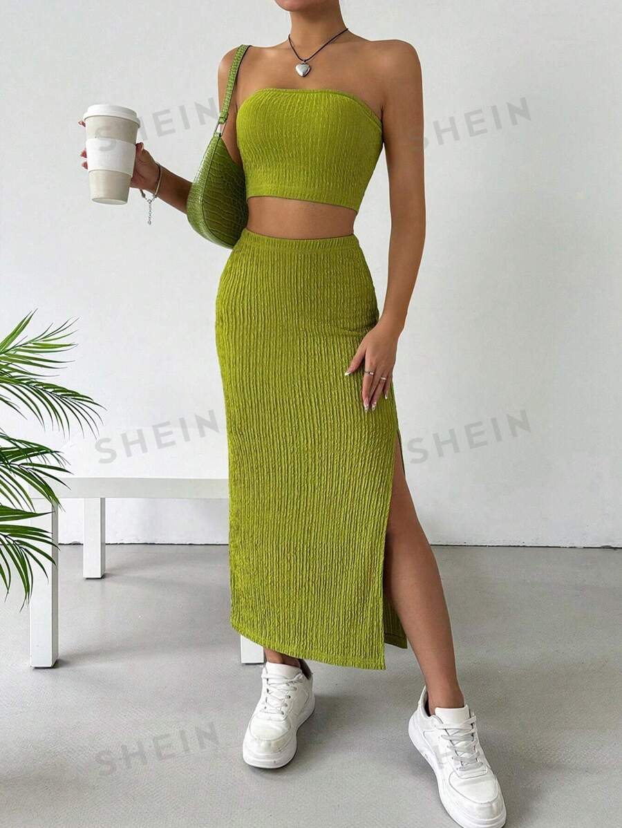 SHEIN EZwear Ladies' Solid Color Tube Top And Side Slit Hem Skirt Set ...