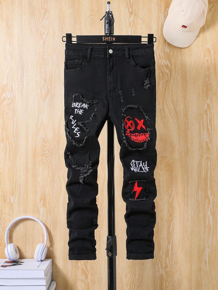 SHEIN SHEIN Tween Boys' Ripped Frayed Color Block Skinny Black Denim Jeans With Slogan And Face ...