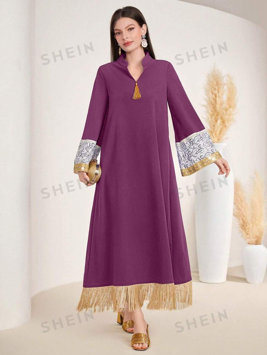 SHEIN Najma Vestido árabe de manga larga con bajo con flecos, de moda ...
