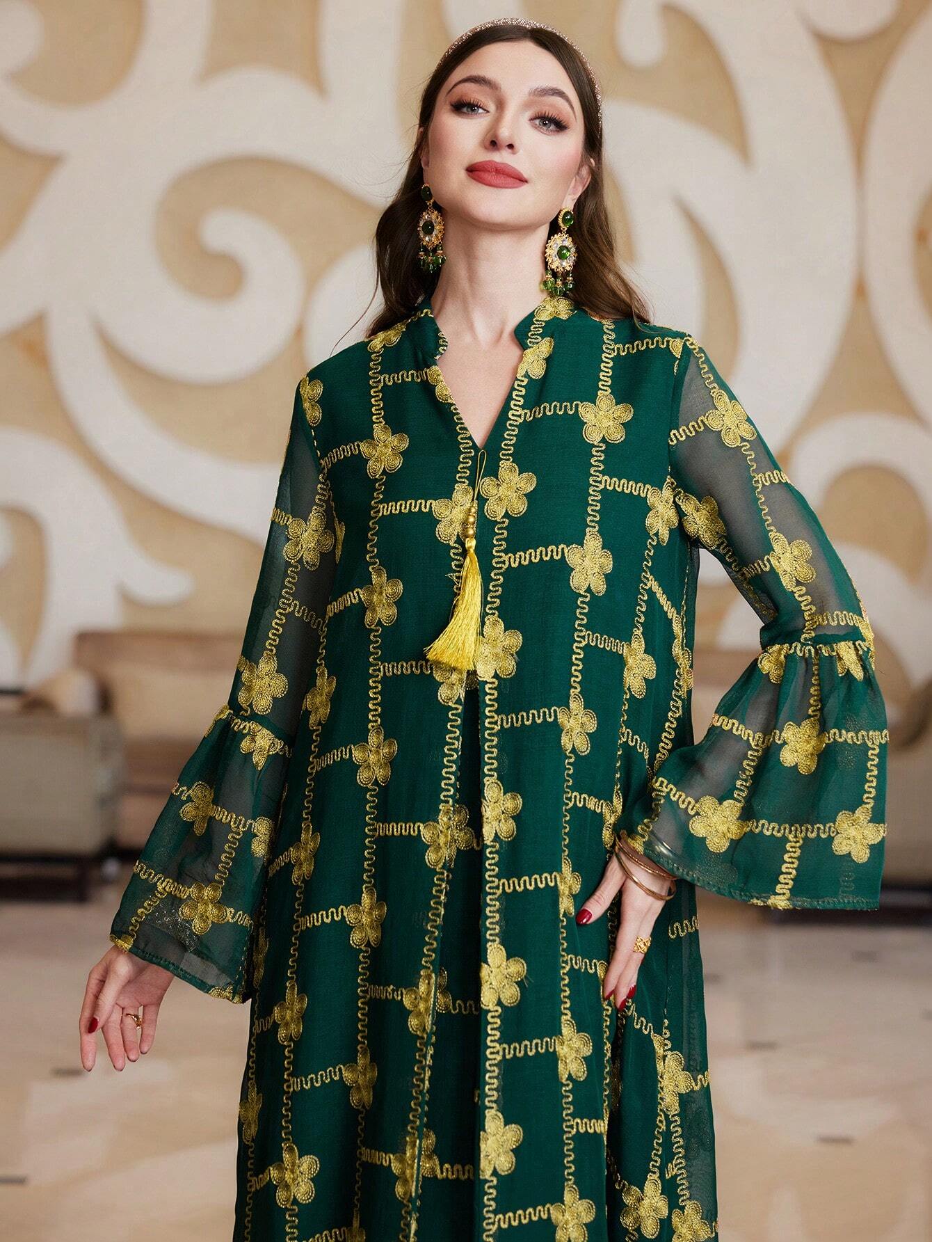 Shein Najma Floral Embroidered Flared Sleeve Notch Neckline Evening