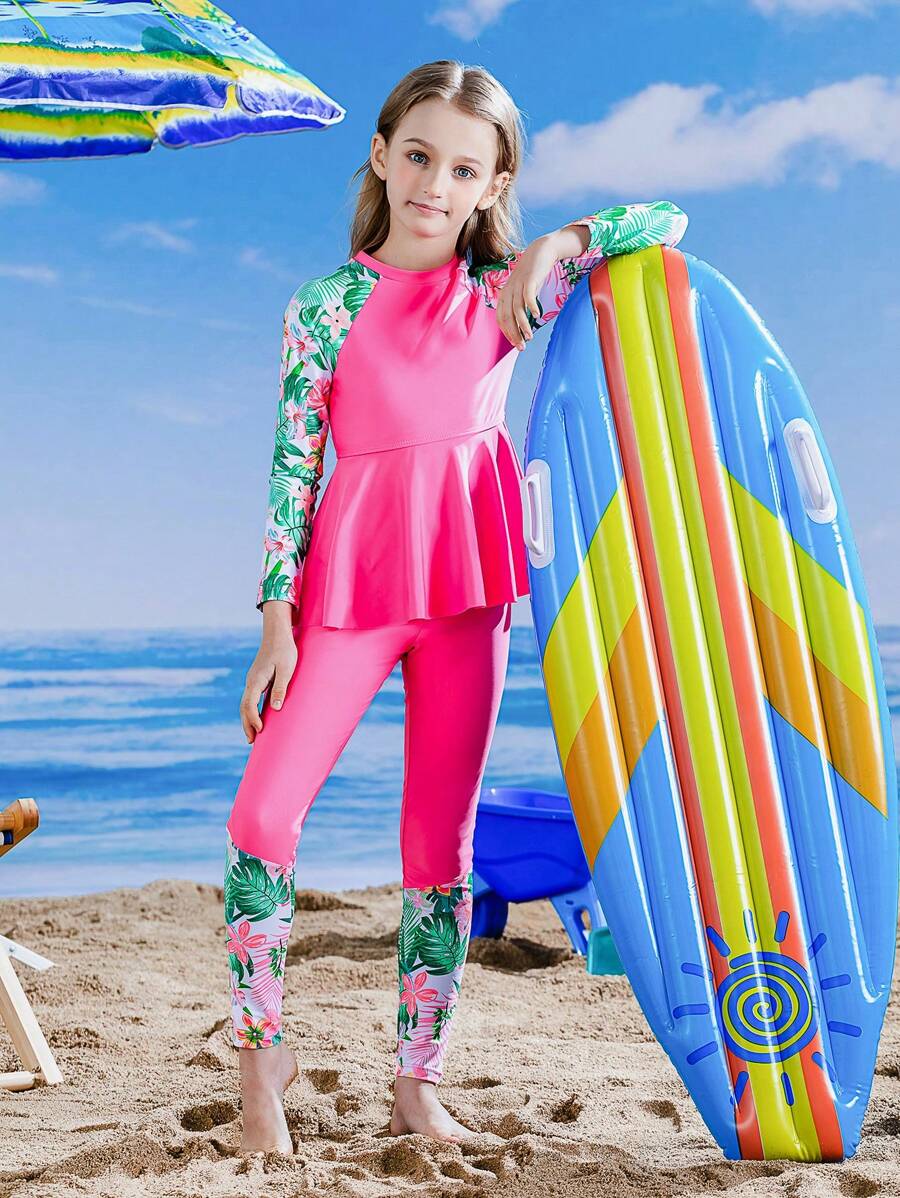 Tween Girls' Two Piece Swimsuit Set With Big Plant Print And Long ...