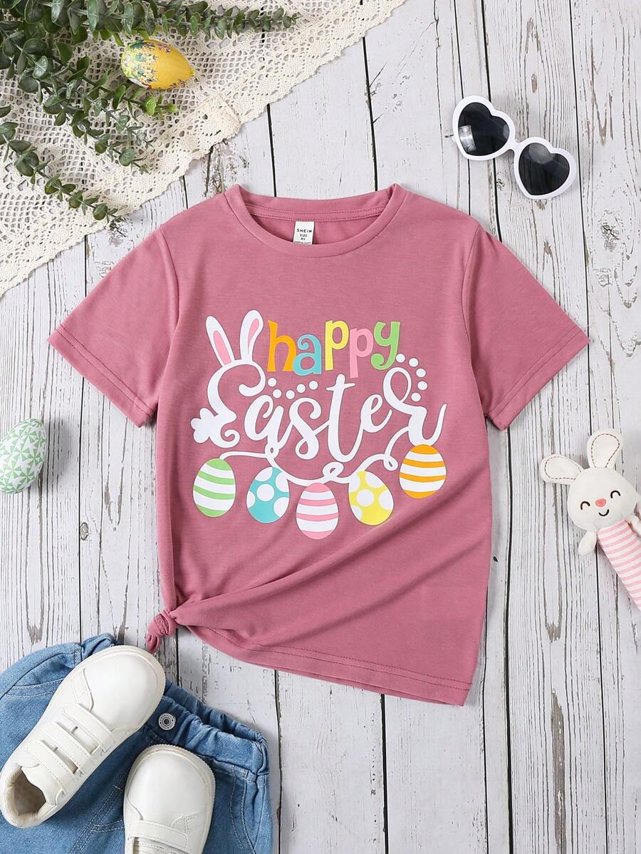 SHEIN Tween Girl's Faded Rose Color Short Sleeve Easter T-Shirt With ...