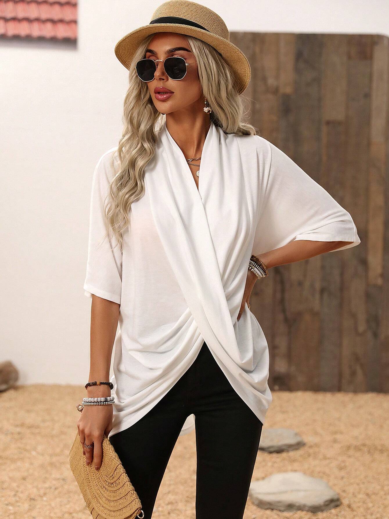 SHEIN LUNE Ladies' Solid Color Cross Wrap Ultra-Loose T-Shirt | SHEIN UK