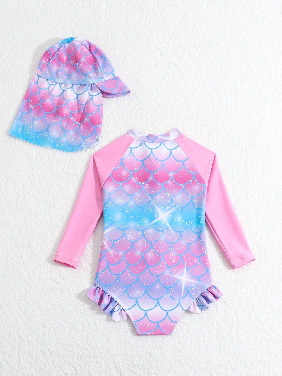 Baby Girl Mermaid Print Rash Guard Swimsuit With Ruffled Hem (Including ...