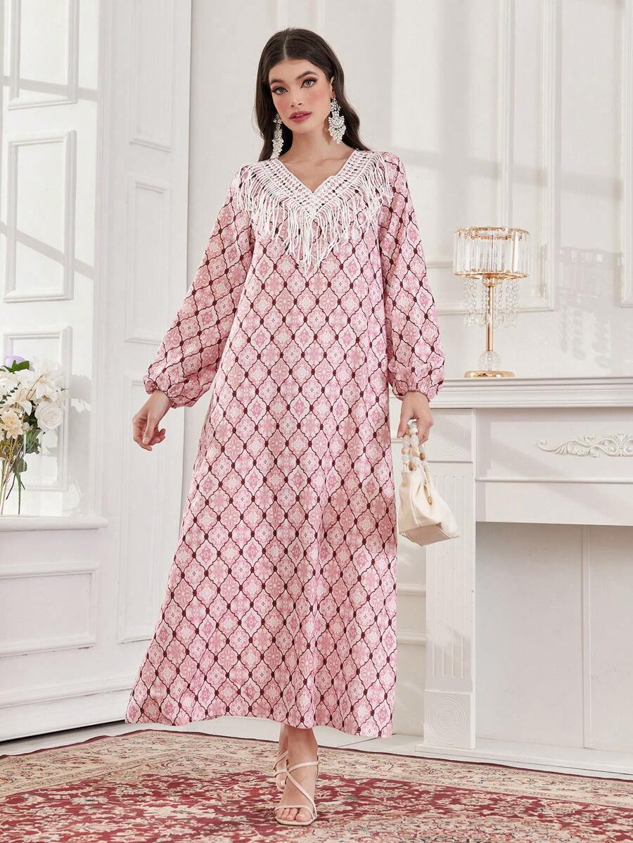 SHEIN Mulvari Ramadan V-Neck Full Pattern Print Long Sleeve Dress for ...