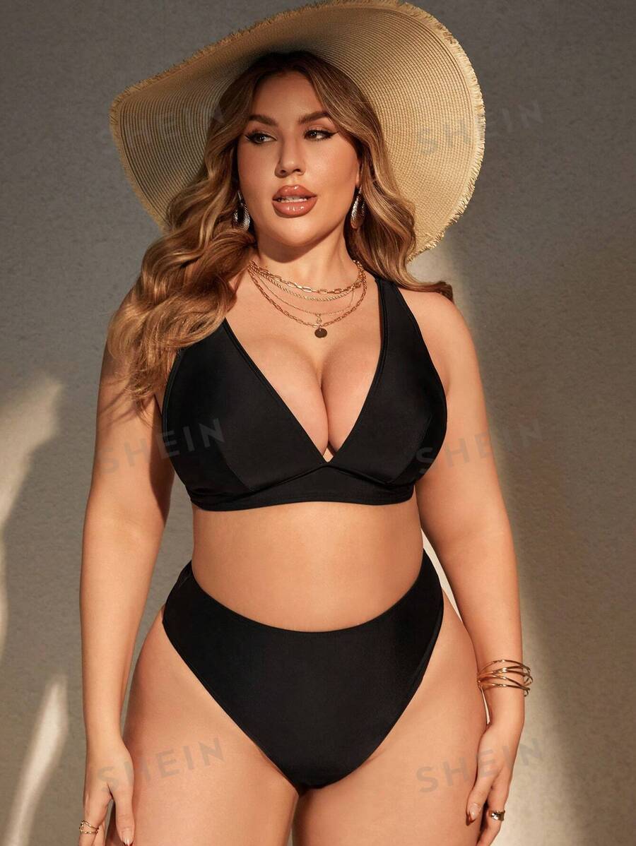 Shein Swim Curve Summer Beach Plus Size Solid Color Backless Knot