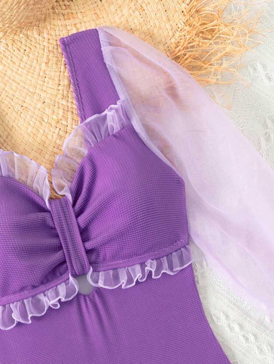 Tween Girls' Mesh Spliced Flare Sleeve One Piece Swimsuit, Perfect For ...