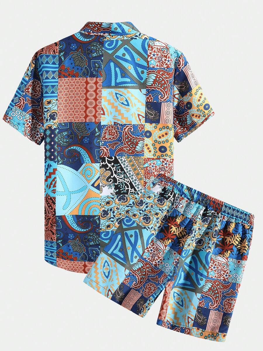 ROMWE Street Life Men Patchwork Print Shirt & Drawstring Waist Shorts Without Tee | SHEIN USA