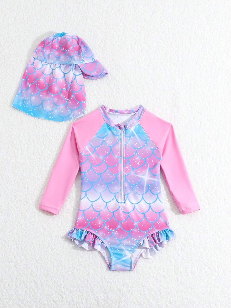 Baby Girl Mermaid Print Rash Guard Swimsuit With Ruffled Hem (Including ...
