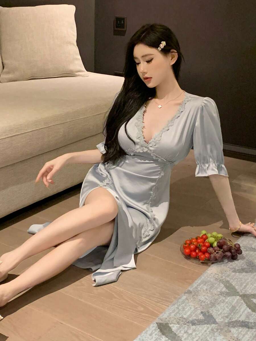 DAZY Satin Romantic Lace Patchwork Split Short Sleeve Nightgown | SHEIN USA