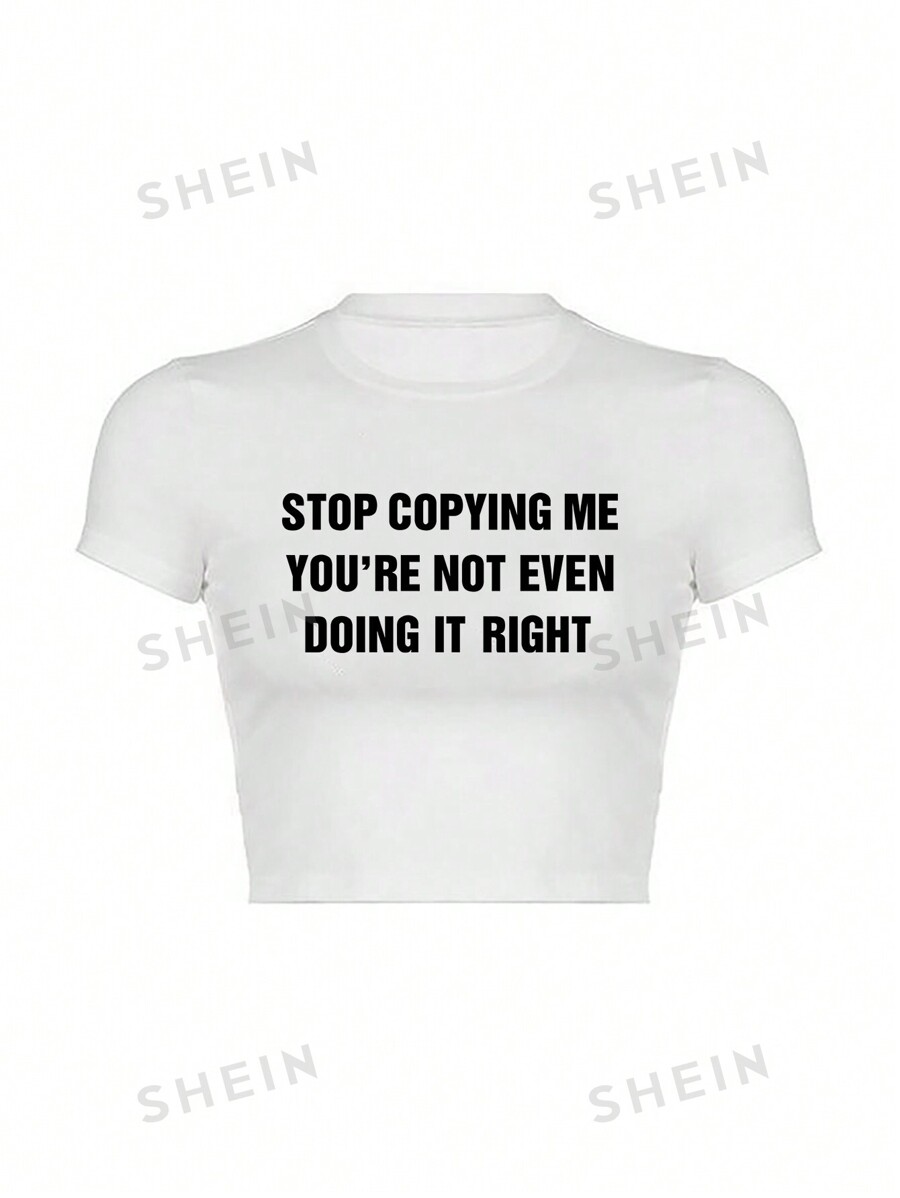 SHEIN EZwear T-shirt ajusté laissant le ventre nu avec impression de ...