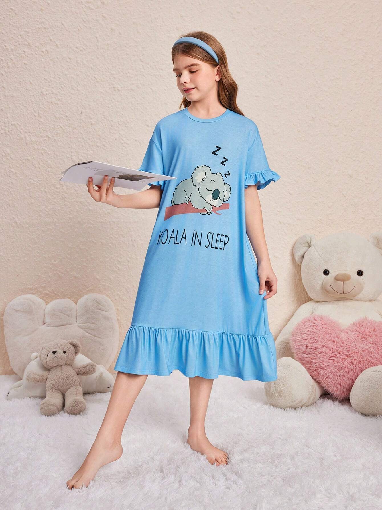SHEIN Tween Girl Loose Fit Koala Pattern Homewear Dress For Summer ...
