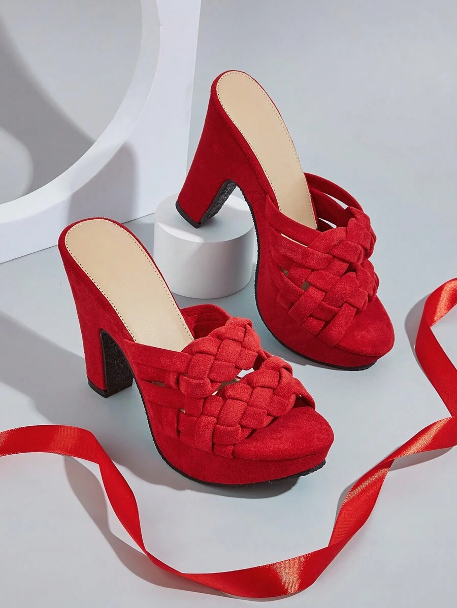 Red Faux Suede Braided Platform Chunky Heel Women's Fashion High Heel ...