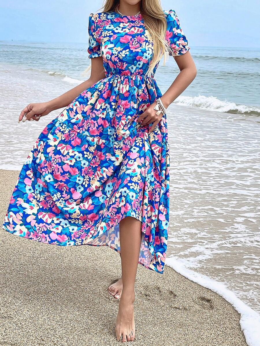 SHEIN Holidaya Women's Floral Print Round Neck Short Bubble Sleeve Dress Maxi Vacation Beach ...