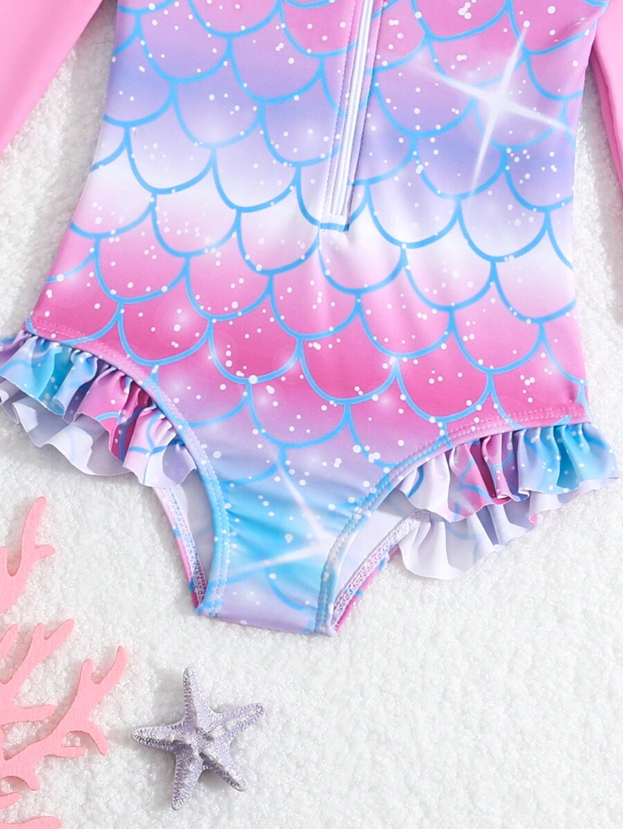 Baby Girl Mermaid Print Rash Guard Swimsuit With Ruffled Hem (Including ...
